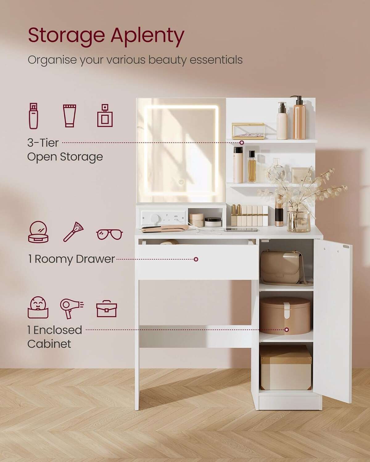 VASAGLE KAILYN Dressing Table – White Vanity Desk with LED Mirror & Storage